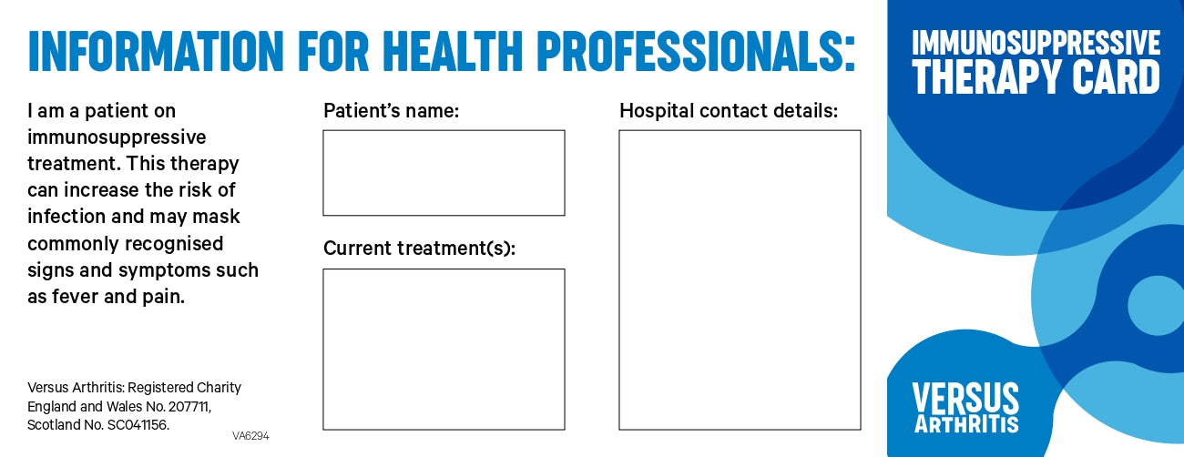 Immunosuppressive Therapy Card | Free Medical Alert Card | Arthritis UK